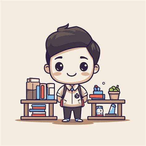 책장 앞에 서 있는 귀여운 학교 소년 터 일러스트레이션 프리미엄 벡터