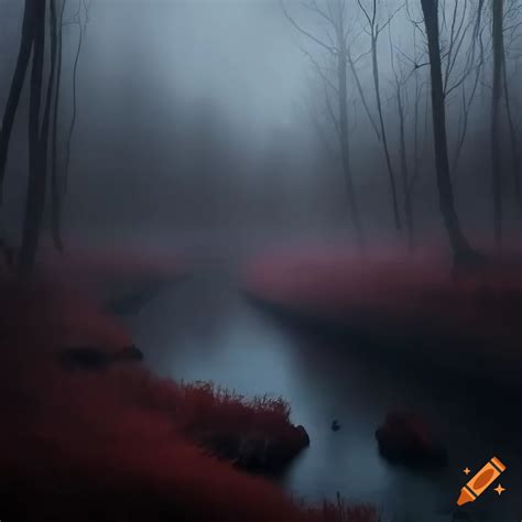Scary And Creepy River With Ominous Land On Both Sides In Red Hues And