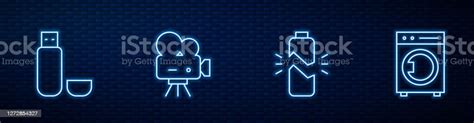 세트 라인 깨진 배터리 Usb 플래시 드라이브 복고풍 시네마 카메라와 와셔 벽돌 벽에 빛나는 네온 아이콘 벡터 영화에 대한 스톡 벡터 아트 및 기타 이미지 Istock