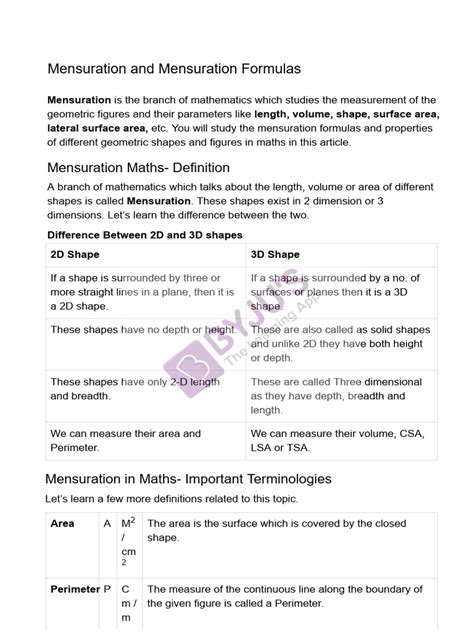 Mensuration And Mensuration Formulas Pdf 2 Pdf Area Shape
