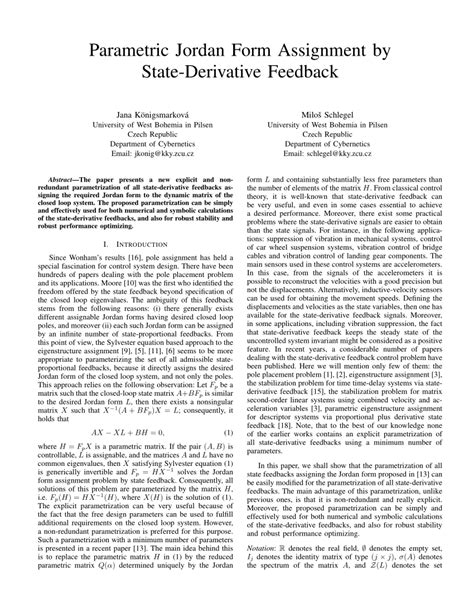 Pdf Parametric Jordan Form Assignment By State Derivative Feedback