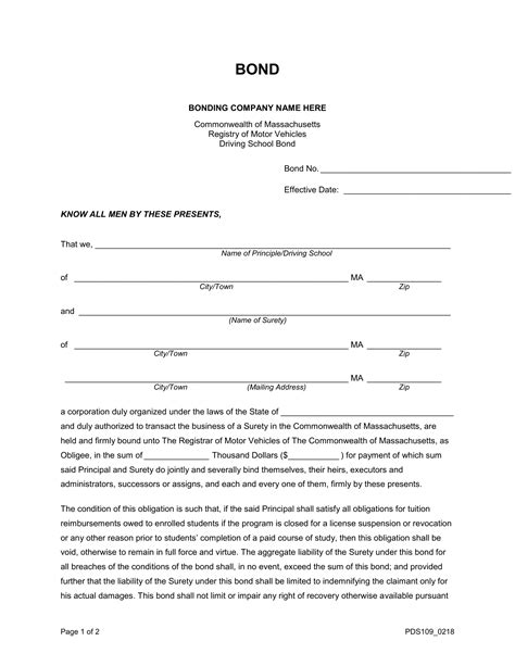 Mass RMV Sample Bond Forms Docs 2023