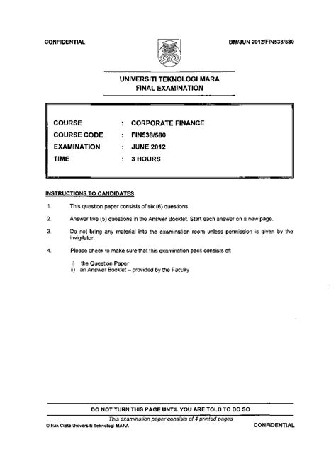 Fin538 June 12 Tuto Universiti Teknologi Mara Final Examination Course Course Code