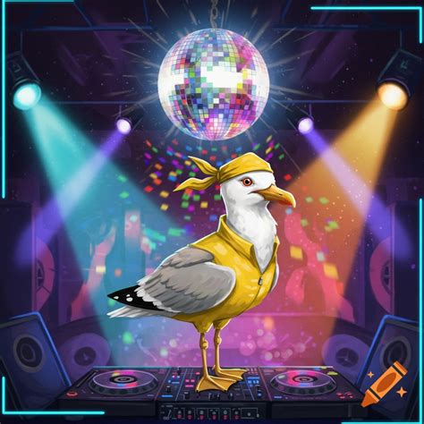 An Illustrated Seagull In A Yellow Ninja Suit Stands On Dj Turntables