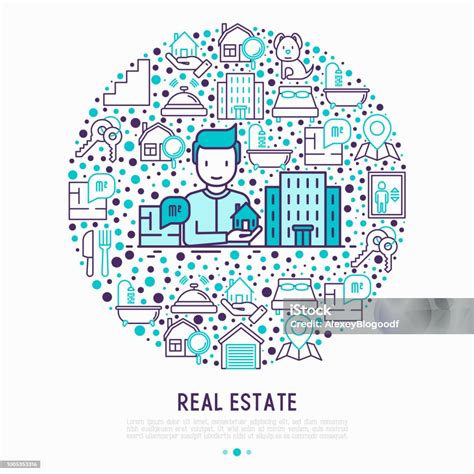 동그라미에서 부동산 개념 부동산 아파트 및 얇은 선 아이콘 표시 침실 키 엘리베이터 수영장 목욕탕 시설 현대 벡터 일러스트입니다 개념에 대한 스톡 벡터 아트 및 기타 이미지