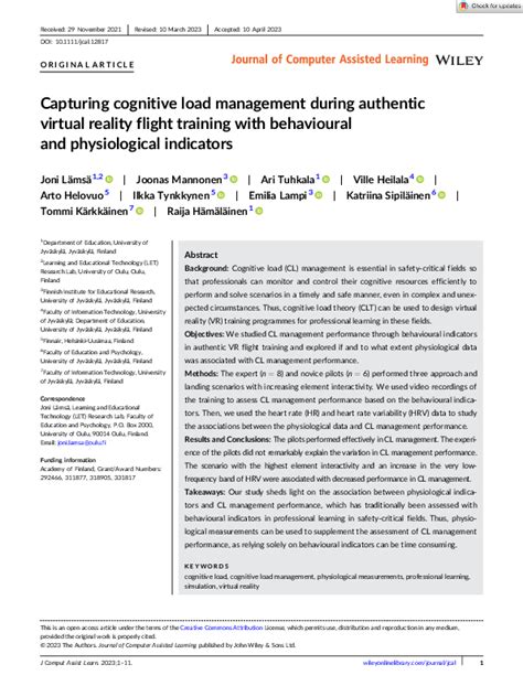 Pdf Capturing Cognitive Load Management During Authentic Virtual Reality Flight Training With