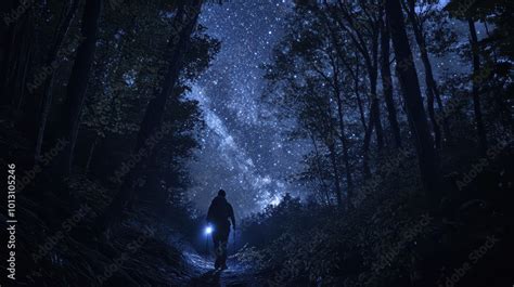 Solo Hiker Illuminated By Headlamp On The Appalachian Trail Silhouetted Against A Starry Milky