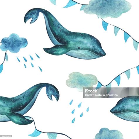 아기 고래가 바다 위를 헤엄치고 구름과 빗방울 사이에 깃발 화환을 들고 하늘을 날고 있습니다 손으로 그린 어린이 수채화 그림입니다 흰색 배경에 완벽 한 패턴입니다 0명에