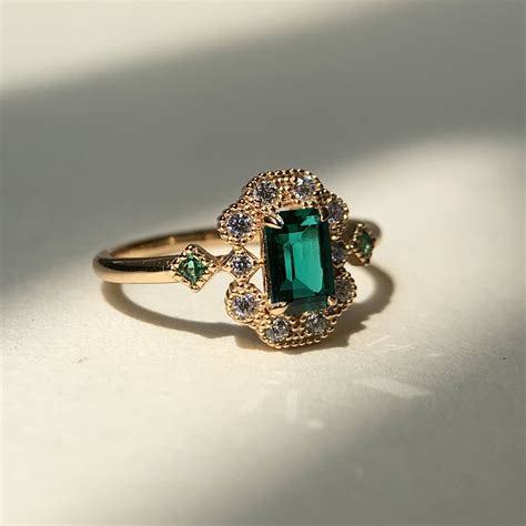 Emerald Engagement Ring Gold Dainty Cz Halo Rings Baguette May