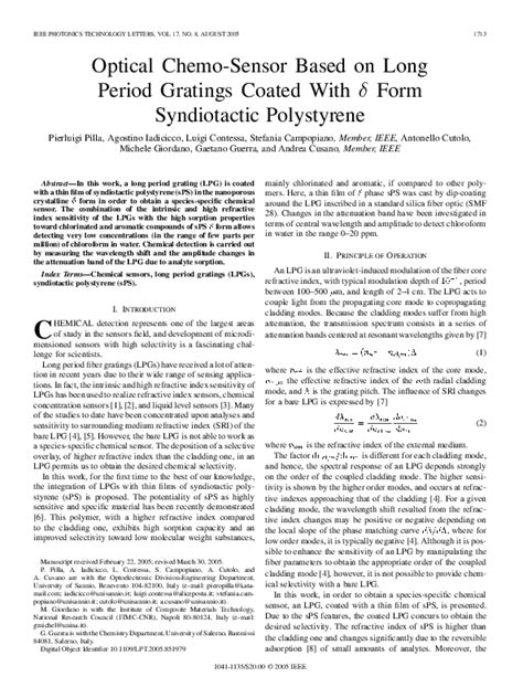 Pdf Optical Chemo Sensor Based On Long Period Gratings Coated With δ