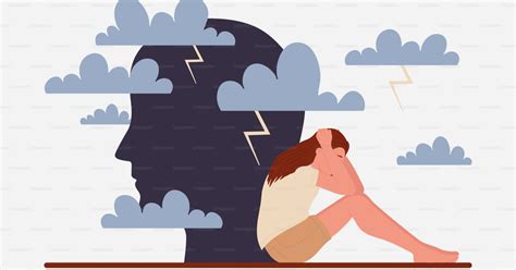 슬픈 화가 난 젊은 여자는 불안 감정 벡터 삽화의 비구름 아래 앉아 있다 고민에 대해 생각하는 만화 외로운 소녀 정신 건강 좌절 흰색으로 고립된 우울한 개념 벡터