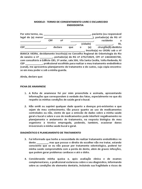 Modelo Termo De Consentimento Livre E Esclarecido Endodontia Pdf