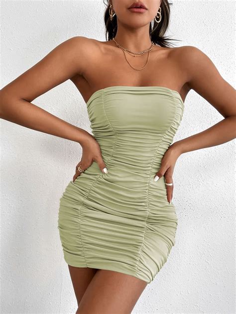 Solid Ruched Tube Dress Tube Dress Short Hot Pink Dress Bodycon Dress