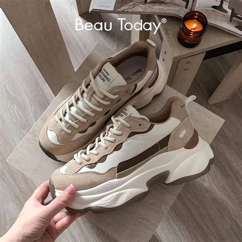 Beautoday 플랫폼 스니커즈 여성 스웨이드 가죽 패치 워크 패브릭 라운드 토 혼합 색상 레이스업 청키 솔 여성