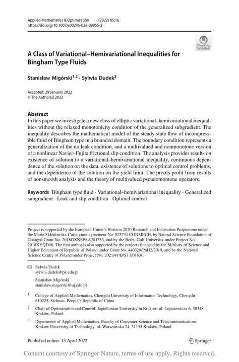 Pdf A Class Of Variational Hemivariational Inequalities For Bingham Type Fluids