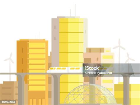 도시 풍경입니다 현대 건축 건물 마천루입니다 경전철 지하철 철도 횡단 기차 저녁 석양 빛을 Уellow 평면 벡터 일러스트입니다 0명에 대한 스톡 벡터 아트 및 기타 이미지