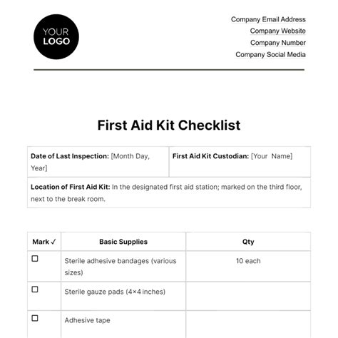 Free First Aid Kit Monthly Checklist Template Excel