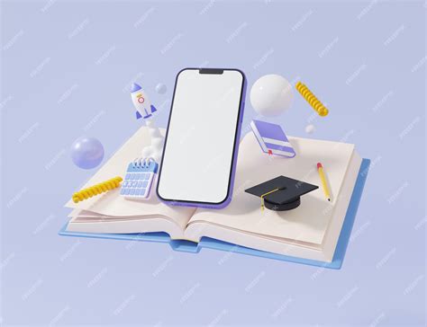 파스텔 배경 우주선 로켓 캘린더 3d 렌더링에 온라인 교육 개념을 학습하는 스마트폰 터치 흰색 화면이 있는 최소한의 만화 졸업