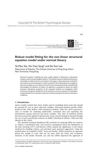 Pdf Robust Model Fitting For The Non Linear Structural Equation Model