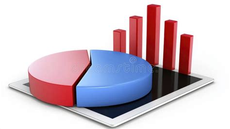 3d Red And Blue Pie Chart And Bar Graph On Tablet Stock Illustration