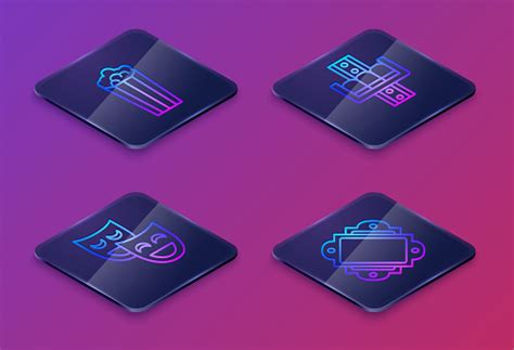 골판지 상자에 등극 라인 팝콘을 설정 코미디 연극 마스크 매력 회전 목마와 티켓 파란색 정사각형 버튼 벡터 3차원 형태에 대한 스톡 벡터 아트 및 기타 이미지 Istock