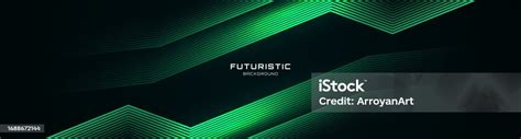 3d 녹색 테크노 추상적인 배경은 빛나는 선 모양 효과 장식이 있는 어두운 공간에 겹쳐집니다 배너 전단지 카드 또는 브로셔 표지를 위한 현대적인 그래픽 디자인 요소 미래