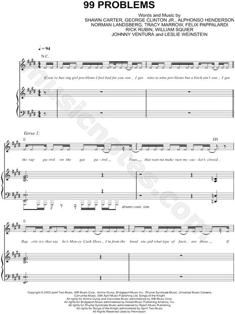Jay Z 99 Problems Sheet Music In E Major Transposable Download