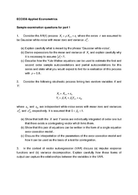 Exam 2017 Questions Ecc038 Applied Econometrics Sample Examination