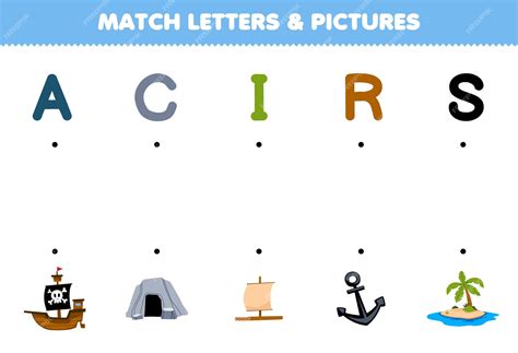 아이들을 위한 교육 게임은 귀여운 만화 선박 동굴 뗏목 닻 섬 인쇄 가능한 해적 워크시트의 글자와 그림을 일치시킵니다 프리미엄 벡터