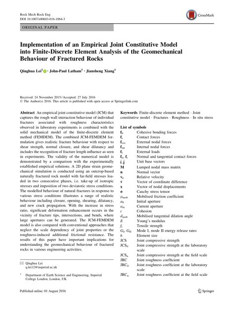 Pdf Implementation Of An Empirical Joint Constitutive Model Into Finite Discrete Element