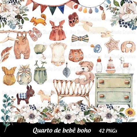 Kit Digital Clipart Quarto De Bebê Boho 42 Pngs Elo7
