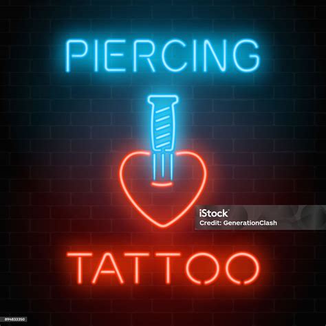 문신과 피어 싱 응접실 빛나는 네온 간판 엠 블 럼 칼 하트 로고입니다 문신에 대한 스톡 벡터 아트 및 기타 이미지 문신 피어싱 형광색의 Istock