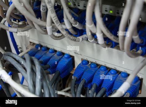 Close Up Of Ethernet Cables Connected To Computer Internet Server With Many Dust Lack Of
