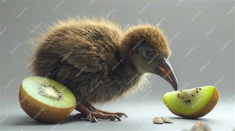 A Cute Kiwi Bird Eating A Kiwi Fruit The Bird Is Sitting On A White