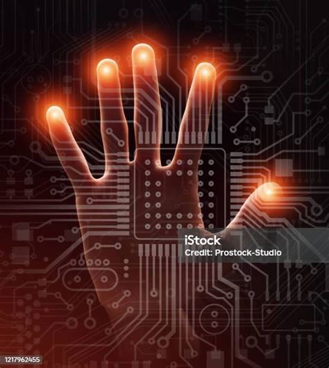 컴퓨터 전자 제품 빛나는 마더 보드 클로즈업으로 손바닥 터치 가상의 화면을 엽니 다 콜라주 Cpu에 대한 스톡 사진 및 기타