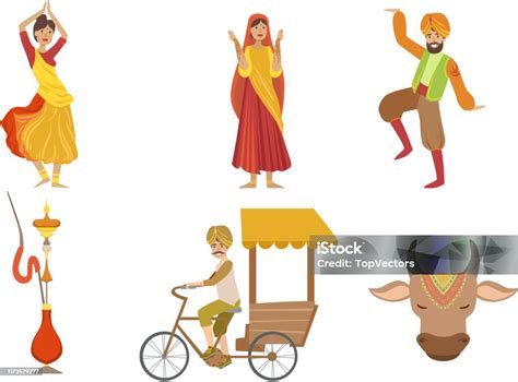 전통적인 의류 기호의 전통적인 의류 에 인도 사람들 인력거 신성한 암소와 인도 사람들 에 전통적인 의류 벡터 일러스트 인도