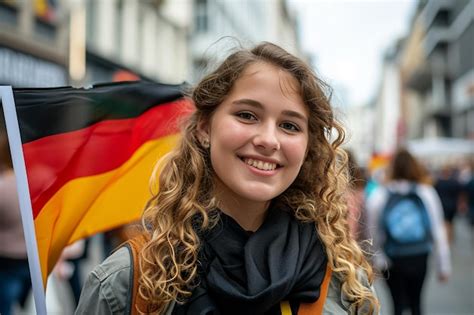 A Young Happy Tourist Or Student Girl With A German Flag At The Old