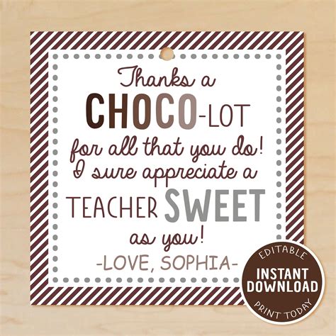 Chocolate Teacher Appreciation Tags Chocolate Thank You T Teacher
