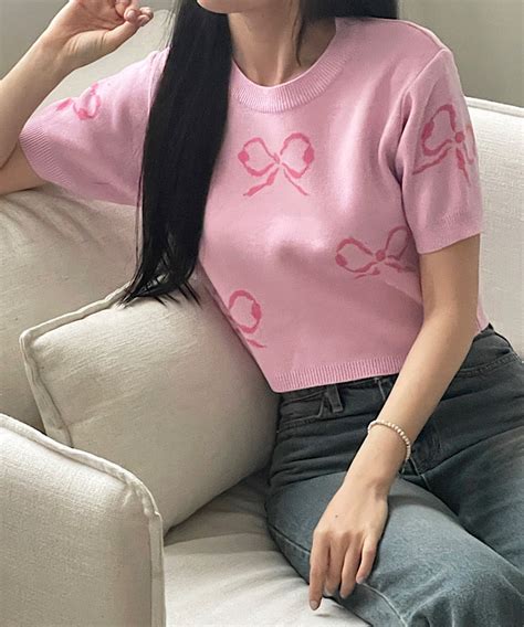 앤드t 리본 배색 라운드 프린팅 니트 크롭 반팔 티셔츠 5col 에이블리