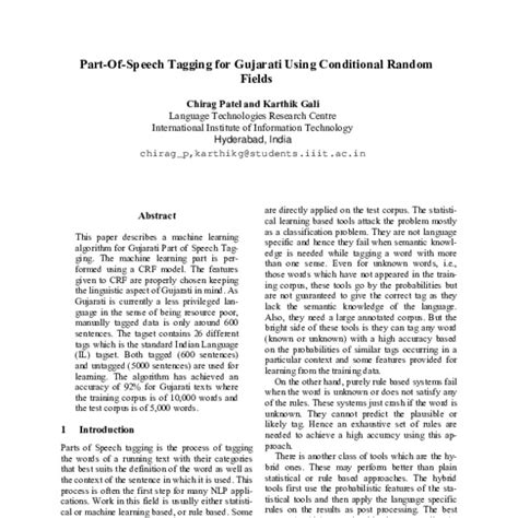 Part Of Speech Tagging For Gujarati Using Conditional Random Fields Acl Anthology