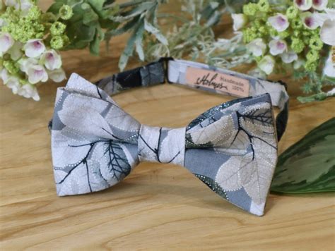 Bow Tie Smoky Grey Metallic Pearl Sheer Leaves Bow Tie Tan Taupe Brown