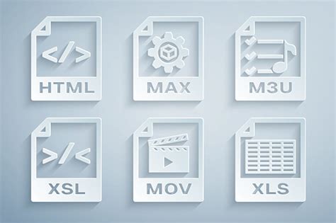 Mov 파일 문서 M3u Xsl Xls Max 및 Html 아이콘을 설정합니다 벡터 3차원 형태에 대한 스톡 벡터 아트 및 기타 이미지 Istock