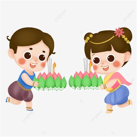 รูปเทศกาลลอยกระทงของไทย ตัวการ์ตูน สไตล์ เด็กชายและเด็กหญิงน่ารักถือโคมน้ำให้พร Png เทศกาลลอย