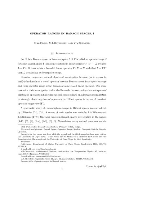 Pdf Operator Ranges In Banach Spaces I