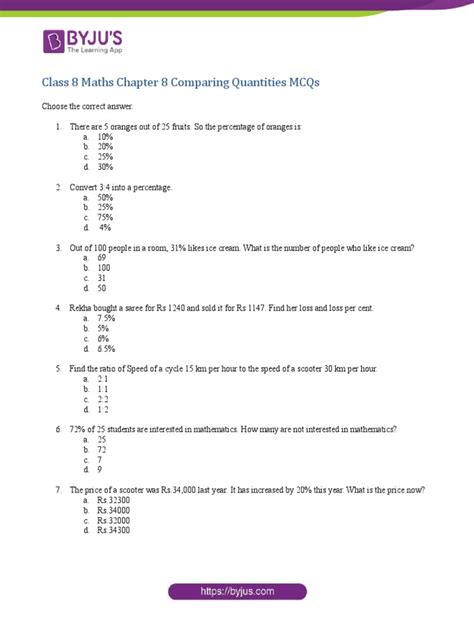 Class 8 Maths Chapter 8 Comparing Quantities Mcqs Pdf