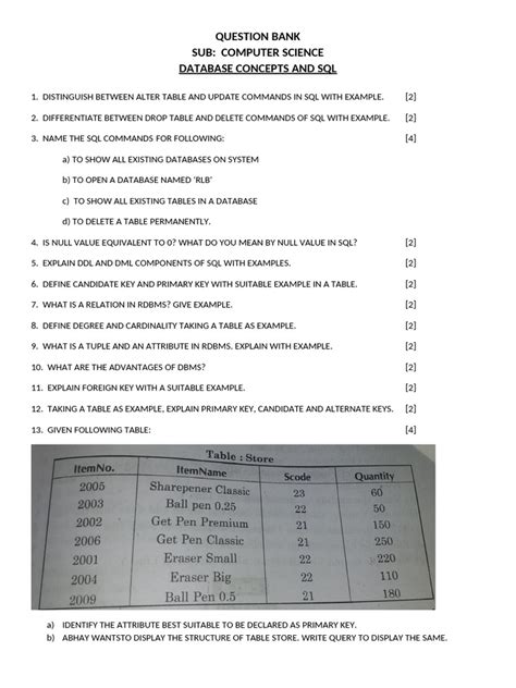 Ques Bank Database And Sql Sec 14 Indira Nagar Pdf Sql Relational Database