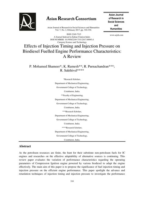 Pdf Effects Of Injection Timing And Injection Pressure On Biodiesel Fuelled Engine Performance