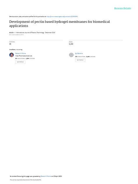 2010 Development Of Pectin Based Hydrogel Membranes For Biomedical Applications Pdf