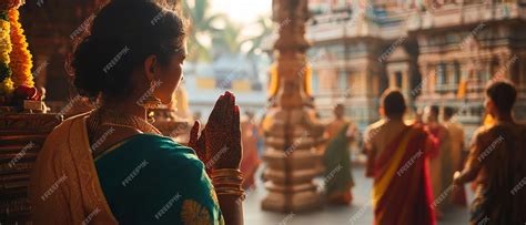 Hindu People Praying In A Temple Premium Ai Generated Image