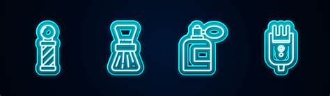 세트 라인 클래식 이발소 폴 면도 브러시 분무기가 있는 애프터쉐이브 병 전기 이발기 또는 면도기 빛나는 네온 아이콘입니다 벡터 고풍스런에 대한 스톡 벡터 아트 및 기타